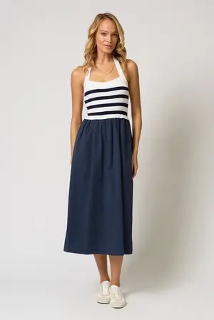 Central Park West Halterneck Striped Midi Dress - Navy