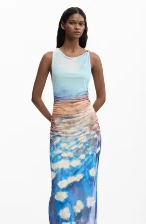 Desigual Sleeveless Abstract Floral Print Mesh Maxi Dress
