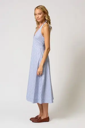 Central Park West Ora Poplin Stripe Halter Midi Dress - Blue