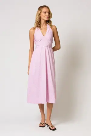 Central Park West Ora Poplin Stripe Halter Midi Dress - Pink