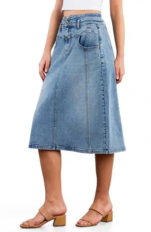 WASH LAB DENIM Penelope Flared Midi Skirt - Relaxed Blue