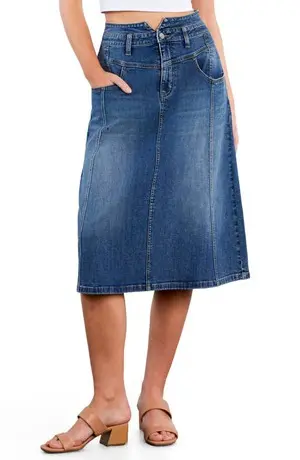 WASH LAB DENIM Penelope Flared Midi Skirt - Shine Blue