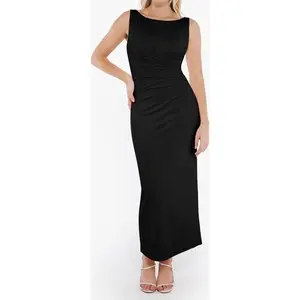 POPILUSH Elegant Boatneck Draped Sculpting Maxi Shapewear Dress - Classic Black