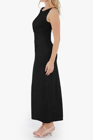 POPILUSH Elegant Boatneck Draped Sculpting Maxi Shapewear Dress - Classic Black