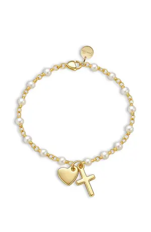 EMMA RAE Gold Plated Cross And Heart Charm Rosary Bracelet - White