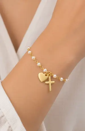 EMMA RAE Gold Plated Cross And Heart Charm Rosary Bracelet