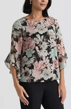 KASPER Blurred Floral Print Clip Dot Top