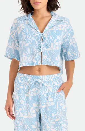 Volcom Tie Front Crop Cotton Cover-up Shirt - Blue