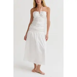 CRESCENT Shirred Halter Midi Dress In Tencel Blend - White