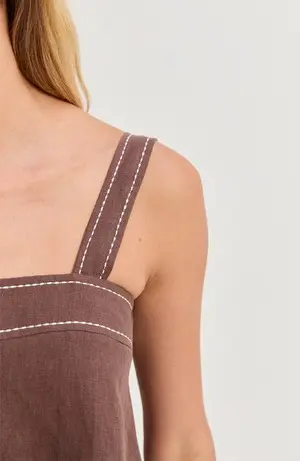 CRESCENT Contrast Stitch Square Neck Linen Mini Dress