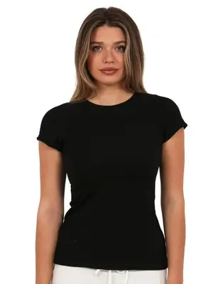 24SEVEN COMFORT APPAREL 24seven Comfort Apparel Ribbed Knit Round Neck Short Sleeve Top Black