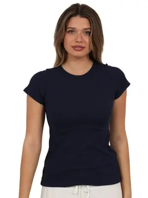 24SEVEN COMFORT APPAREL 24seven Comfort Apparel Ribbed Knit Round Neck Short Sleeve Top Navy
