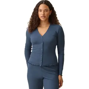 KINDRED BRAVELY Ribbed Modal Cardigan With Button-down Access And Lettuce Trim - Light Navy