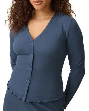 KINDRED BRAVELY Ribbed Modal Cardigan With Button-down Access And Lettuce Trim - Light Navy
