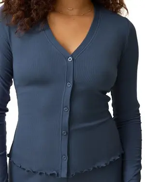 KINDRED BRAVELY Ribbed Modal Cardigan With Button-down Access And Lettuce Trim - Light Navy