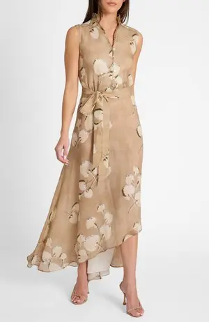 Santorelli Carson Sleeveless Floral Printed Voile Midi Dress - Chai
