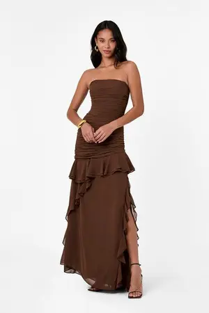 NICHOLAS Viola Strapless Ruched Maxi Dress With Ruffle Detail - Mocha