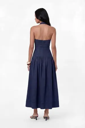 NICHOLAS Vivianne Linen Halter Neck Midi Dress - Midnight