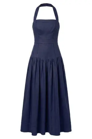 NICHOLAS Vivianne Linen Halter Neck Midi Dress - Midnight