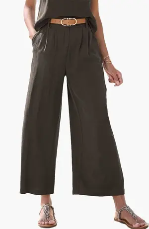 LASCANA Wide Leg Linen Blend Pants - Olive