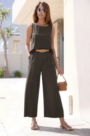 LASCANA Wide Leg Linen Blend Pants - Olive