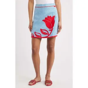 Farm Rio Sky Stripes Floral Appliqué Linen Wrap Miniskirt - Blue