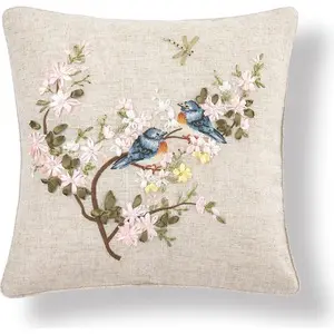 C&F HOME Bluebird & Tree Branch Pink Flowers Embellished Accent Pillow 16" X 16 - Brown