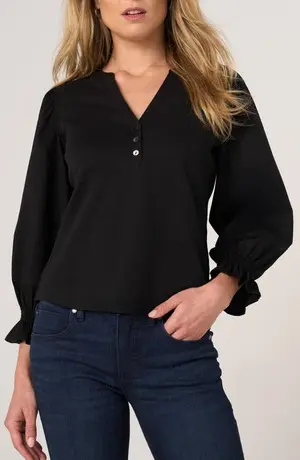 LIVERPOOL Mixed Media Three-quarter Sleeve Top With Smocked Cuffs - Black