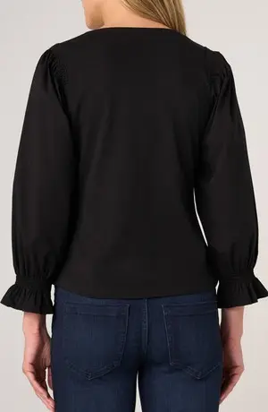 LIVERPOOL Mixed Media Three-quarter Sleeve Top With Smocked Cuffs - Black