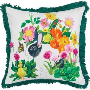 C&F HOME Easter Bunny & Flowers Printed Cotton Blend Accent Throw Pillow 18" X 18 - Blue