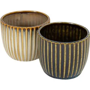 FORESIDE HOME AND GARDEN Set Of 2 Ribbed Planters Navy & Cream Porcelain - Beige