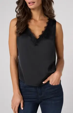 LIVERPOOL Lace Trim V-neck Woven Tank - Black