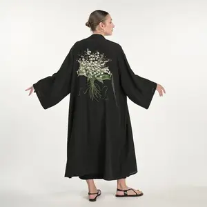 SILK&SOUL Lily Of The Valley Silk Robe - Black