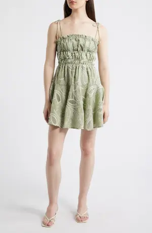Moon River Embroidered Shirred Fit & Flare Minidress - Olive