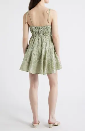 Moon River Embroidered Shirred Fit & Flare Mini Dress