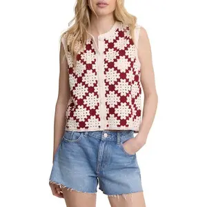 NOBODY'S CHILD Open Knit Sleeveless Cardigan - Ivory/red