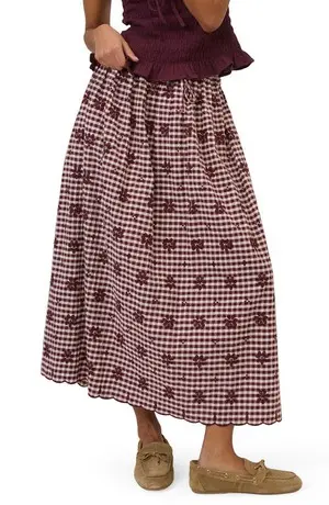 NOBODY'S CHILD Naples Cotton Blend Gingham Floral Midi Skirt