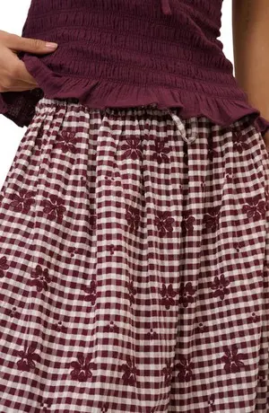 NOBODY'S CHILD Naples Cotton Blend Gingham Floral Midi Skirt