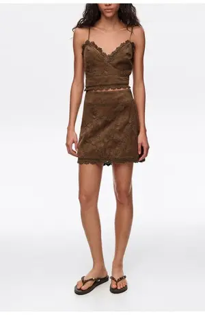 Bimba Y Lola Suede Mini Skirt With Decorative Stitching - Khaki