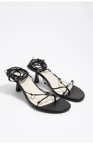 Bimba Y Lola Leather Heeled Sandals With Piercings And Ribbon Fastening