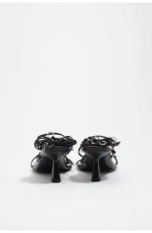 Bimba Y Lola Leather Heeled Sandals With Piercings And Ribbon Fastening