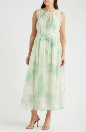 M&s Printed Maxi Dress With Tie Belt - Green