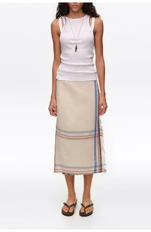 Bimba Y Lola Linen Straight Striped Midi Wrap Skirt - Ecru