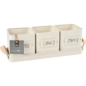 BURGON & BALL Herb Pots With Leather Handled Trayset Of 3 - Stone