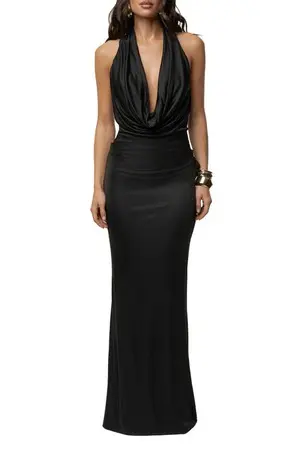 JLUXLABEL JLUXLABEL Lunara Cowl Maxi Dress With Open Back And Gold Chain Detail Black