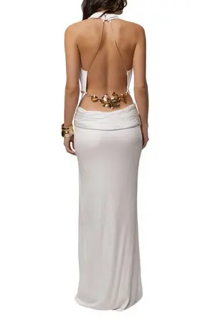 JLUXLABEL Lunara Cowl Maxi Dress With Open Back And Gold Chain Detail - Cream