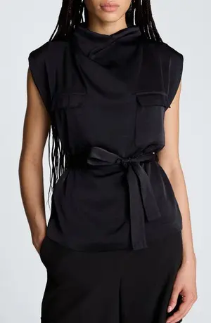 KENNETH COLE Cowl Neck Hammered Satin Top With Sash - Black