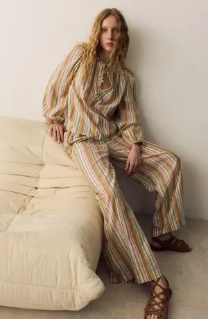 PER UNA BY M&S Striped Cotton Shirt With Billowed Sleeves
