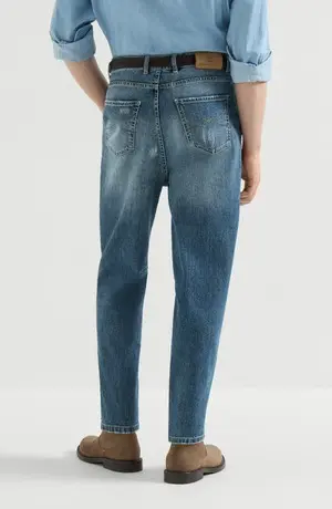 Brunello Cucinelli Iconic Fit Five-pocket Denim Trousers With Double Pleats And Distressed Details - Medium Denim