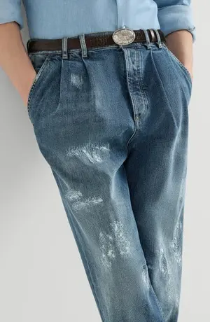Brunello Cucinelli Iconic Fit Five-pocket Denim Trousers With Double Pleats And Distressed Details - Medium Denim